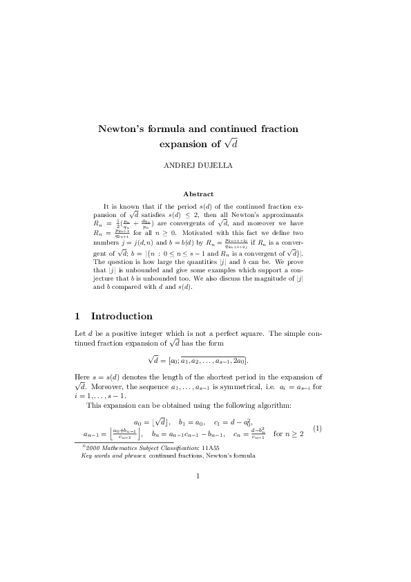 (PDF) Newton's formula and continued fraction expansion of sqrt d