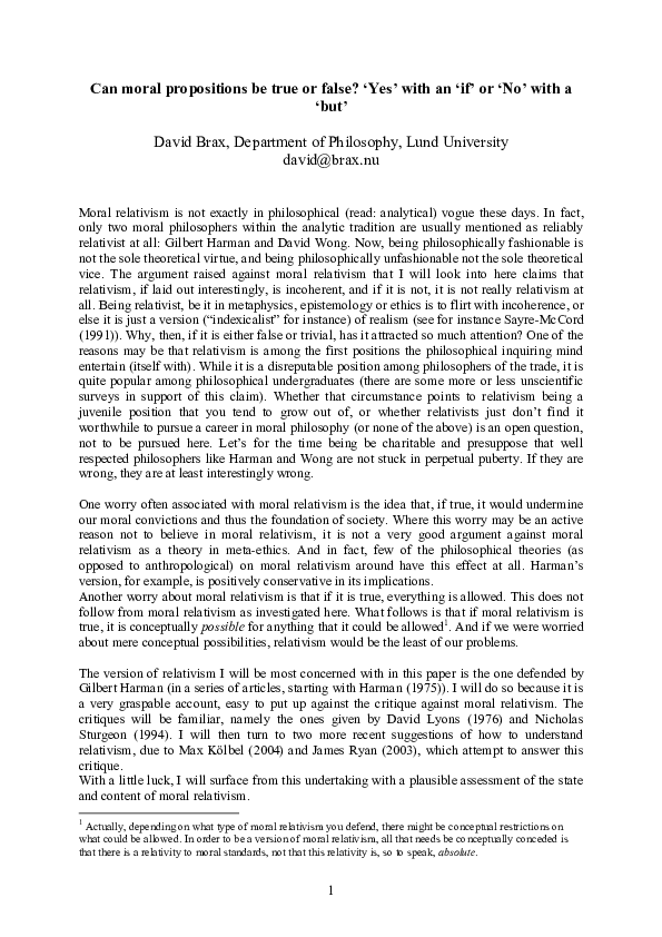 (PDF) Can Moral Propositions be True or False