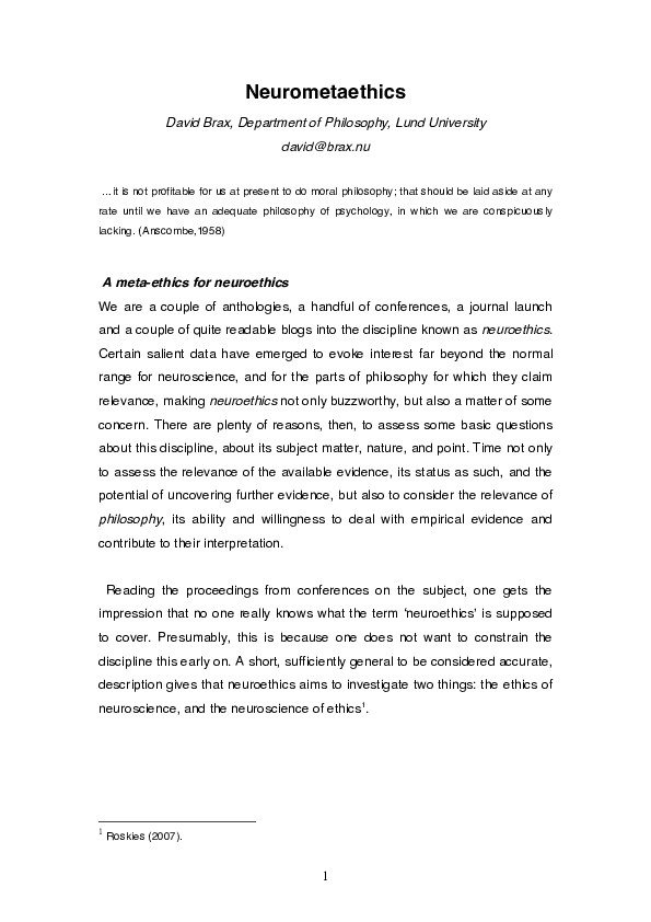 (PDF) Neurometaethics | David Brax - Academia.edu