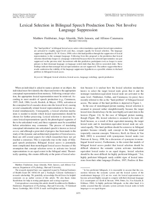 (PDF) Lexical Selection in Bilingual Speech Production Does Not Involve ...