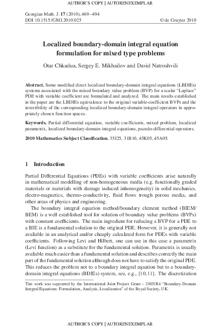 (PDF) Localized boundary-domain integral equation formulation for mixed type problems