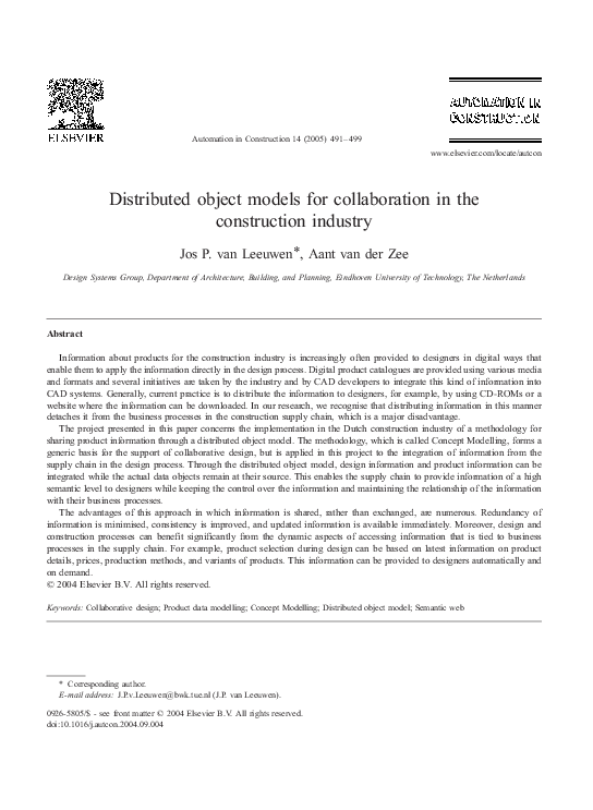 Pdf Distributed Object Models For Collaboration In The Construction Industry 