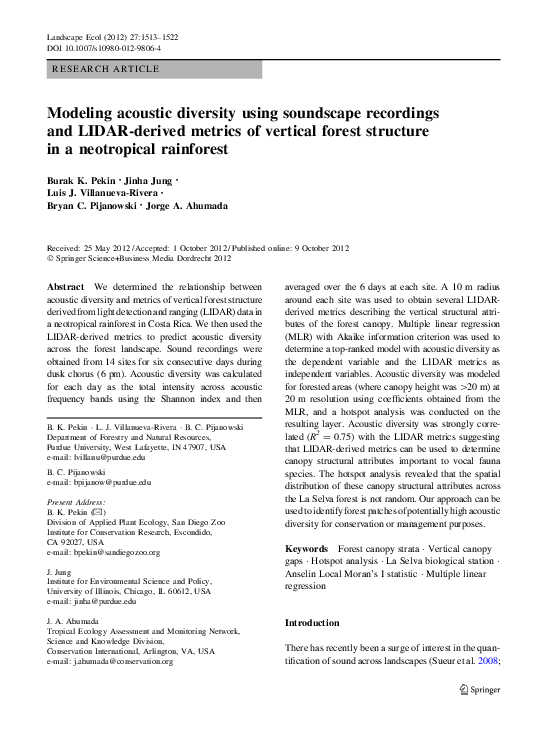 (PDF) Modeling acoustic diversity using soundscape recordings and LIDAR-derived metrics of ...