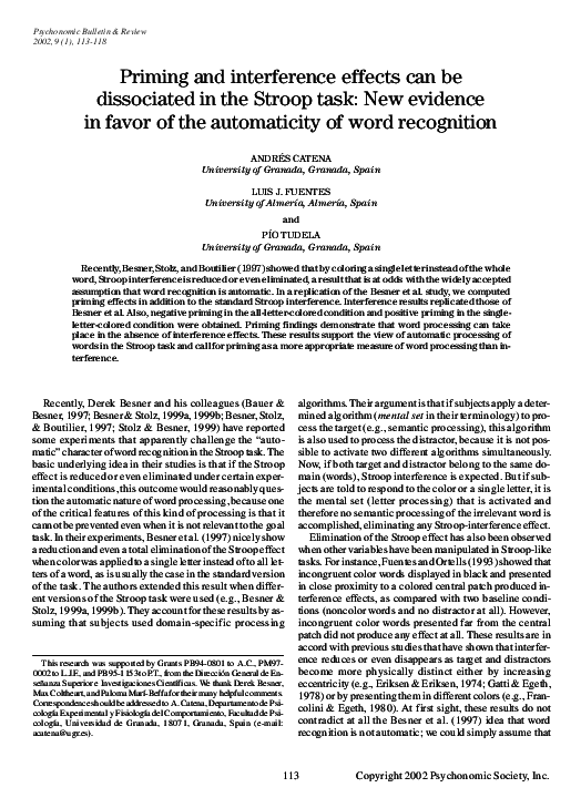 (PDF) Priming and interference effects can be dissociated in the Stroop task: New evidence in ...