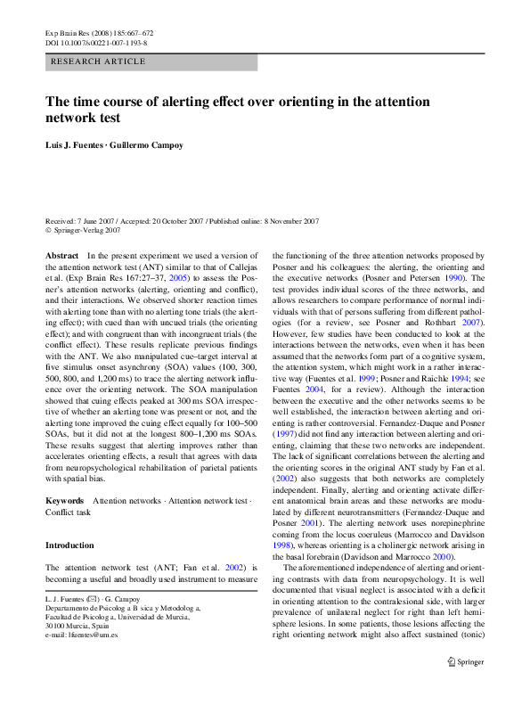 (PDF) The time course of alerting effect over orienting in the ...