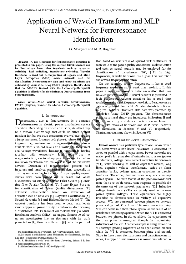 Pdf Application Of Wavelet Transform And Mlp Neural Network For Ferroresonance Identification