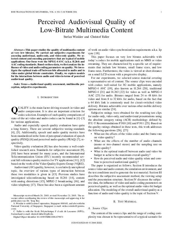 (PDF) Perceived audiovisual quality of low-bitrate multimedia content ...
