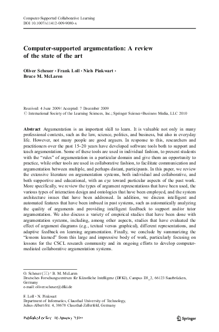 (PDF) Computer-supported argumentation: A review of the state of the art