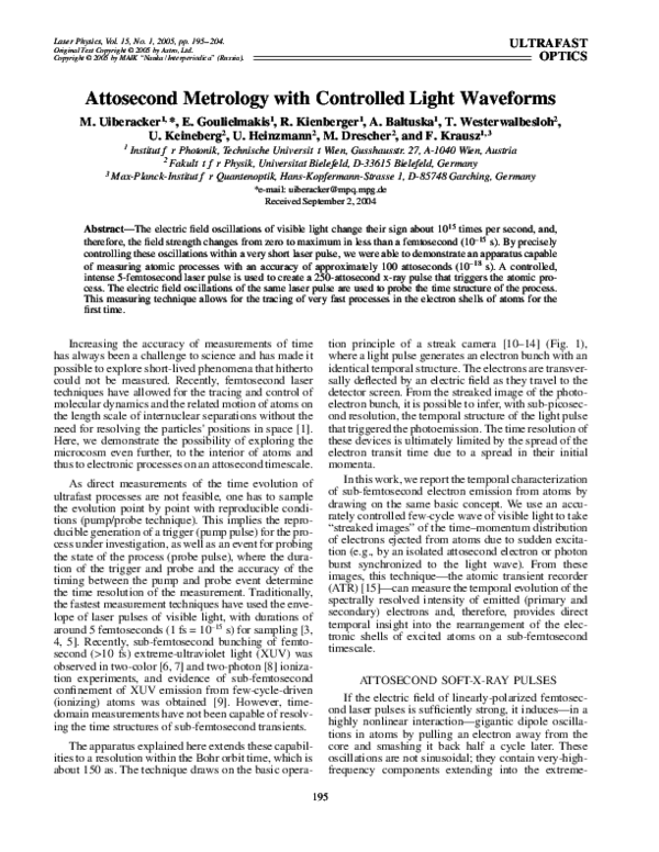 (PDF) Attosecond metrology with controlled light waveforms