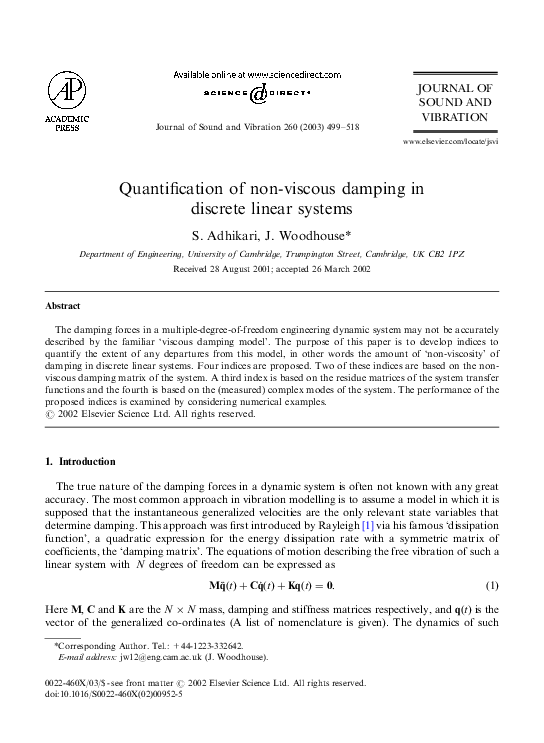 (PDF) Quantification of non-viscous damping in discrete linear systems