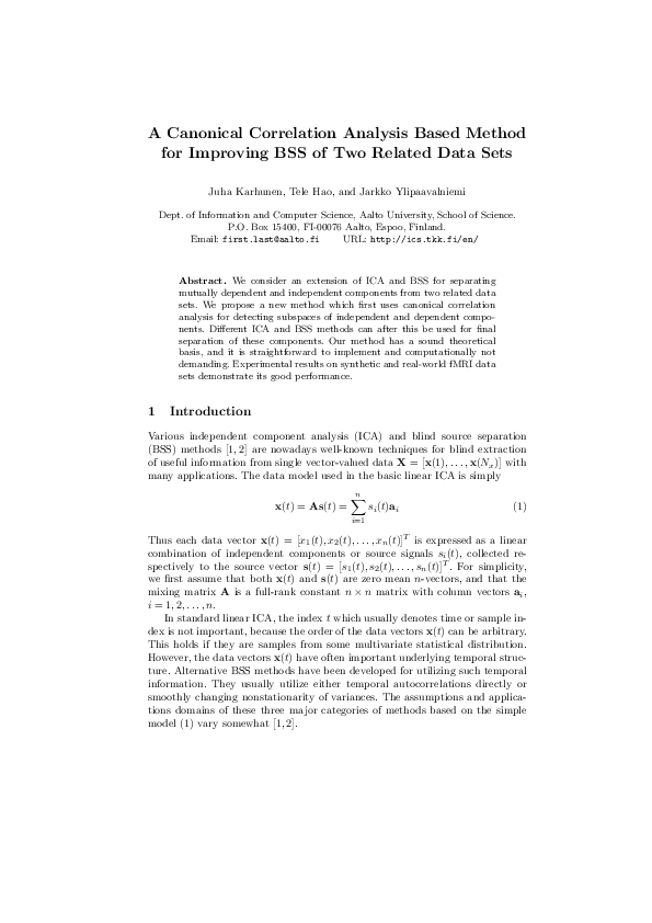 (PDF) A canonical correlation analysis based method for improving BSS of two related data sets