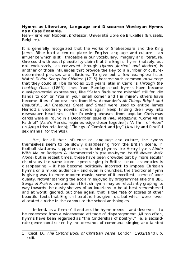 Hymns as Literature, Language and Discourse: Wesleyan Hymns as a Case ...