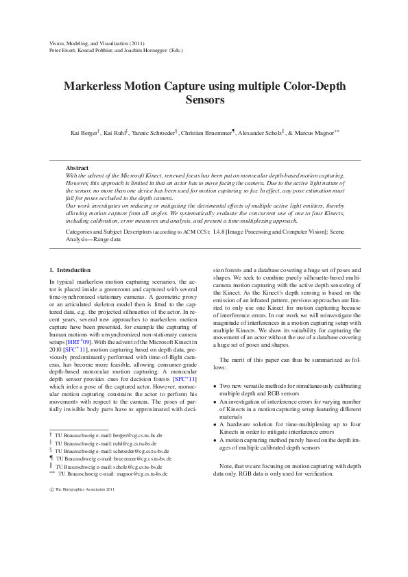 (PDF) Markerless Motion Capture using multiple Color-Depth Sensors