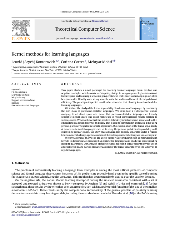 (PDF) Theoretical Computer Science Kernel methods for learning languages