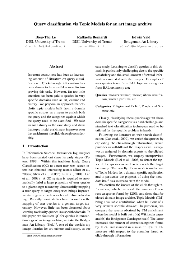 Pdf Query Classification Via Topic Models For An Art Image Archive