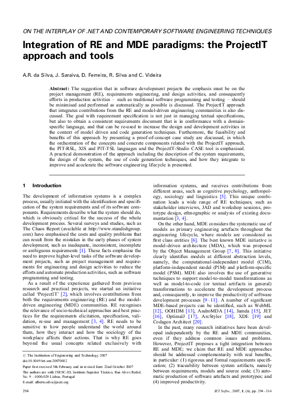 (PDF) Integration of RE and MDE Paradigms: The ProjectIT Approach and ...