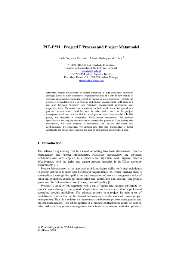 (PDF) PIT-P2M: ProjectIT Process and Project Metamodel