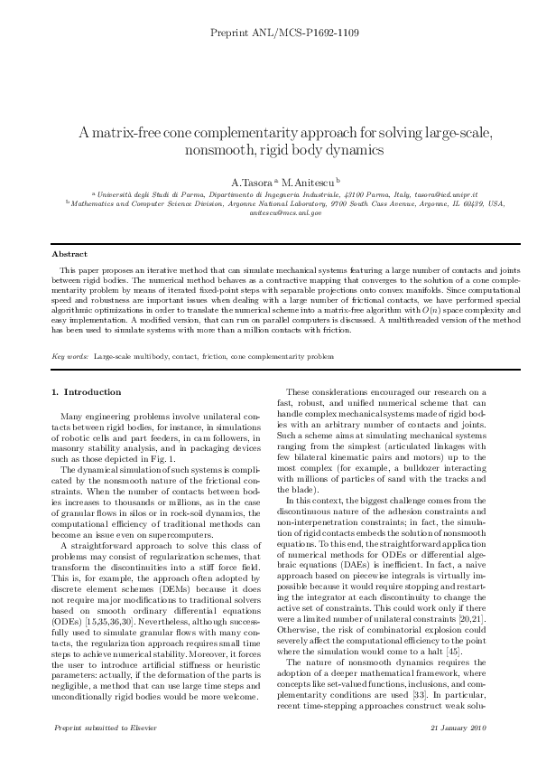 A matrix-free cone complementarity approach for solving large-scale, nonsmooth, rigid body dynamics