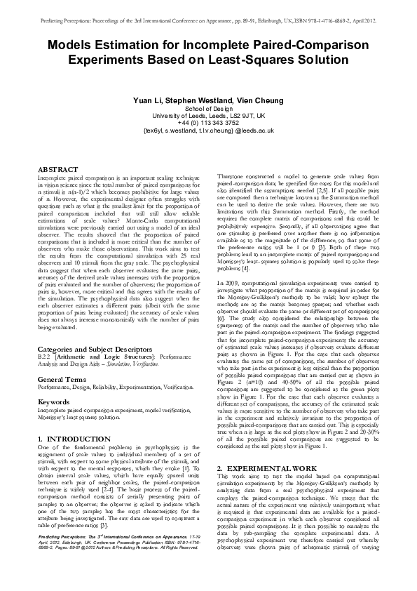 (PDF) Models Estimation for Incomplete Paired-Comparison Experiments Based on Least-Squares Solution
