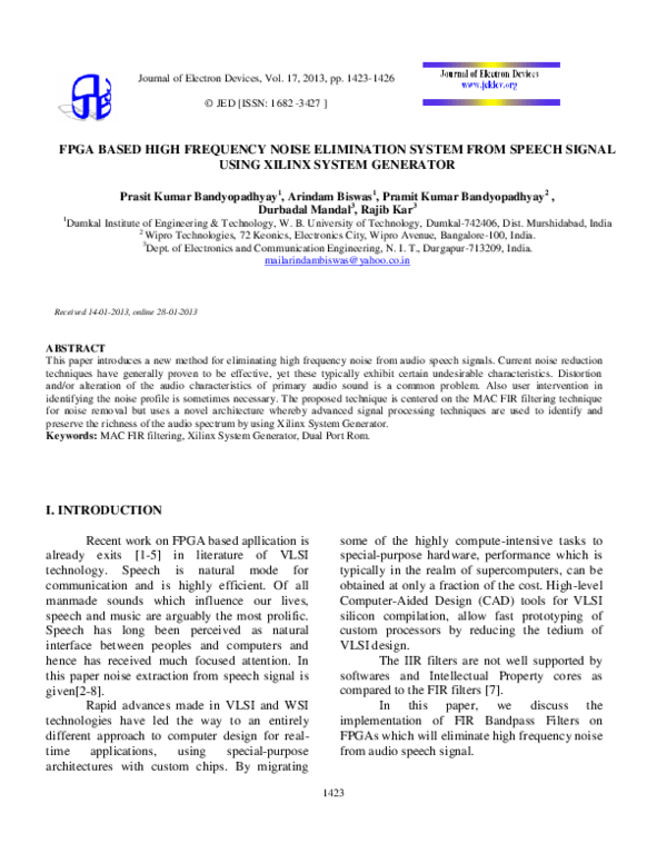 Pdf Fpga Based High Frequency Noise Elimination System From Speech Signal Using Xilinx System