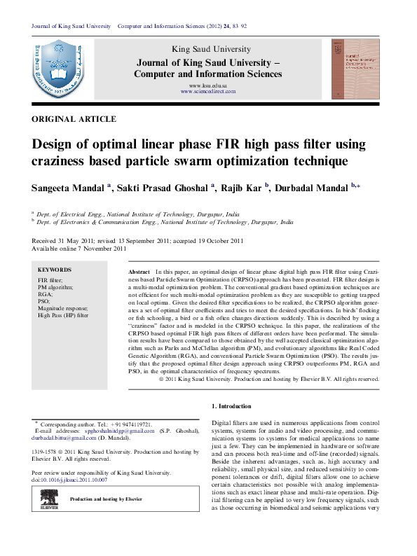 Pdf Efficient And Accurate Optimal Linear Phase Fir Filter Design Using Opposition Based