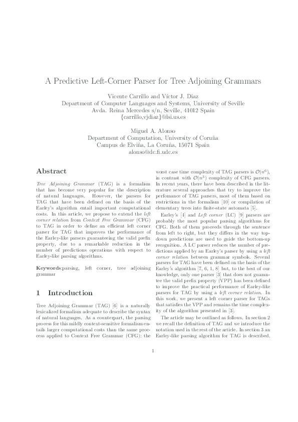 Pdf A Predictive Left Corner Parser For Tree Adjoining Grammars Miguel Angel Alonso Pardo