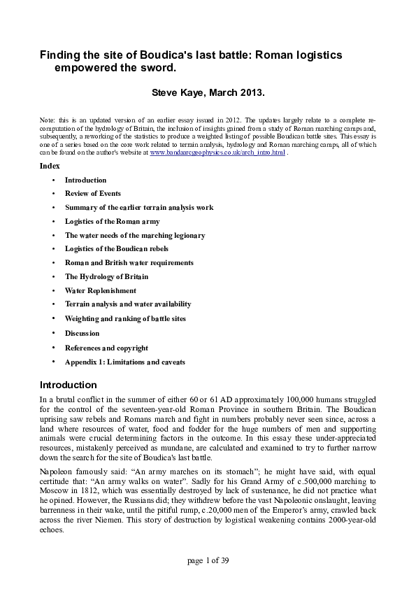 (PDF) Finding the site of Boudica's last battle: Roman logistics ...