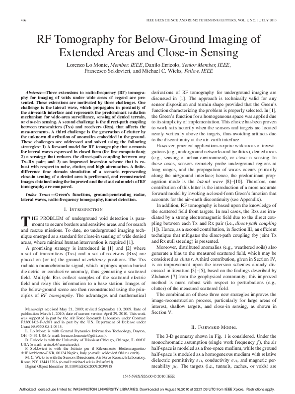 (PDF) RF Tomography for Below-Ground Imaging of Extended Areas and Close-in Sensing