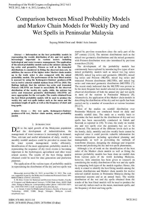 (PDF) Comparison between Mixed Probability Models and Markov Chain ...