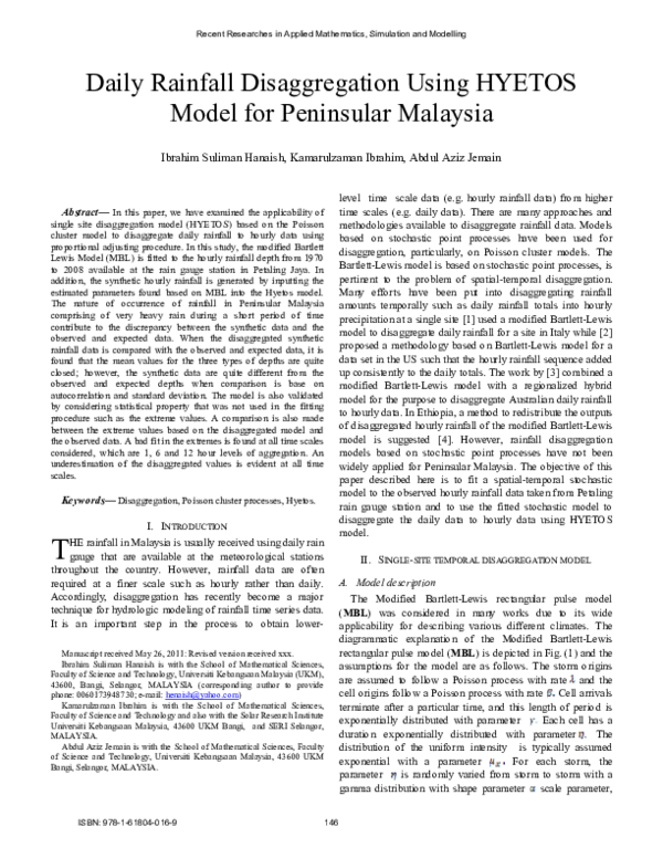 (PDF) Daily rainfall disaggregation using HYETOS model for Peninsular Malaysia