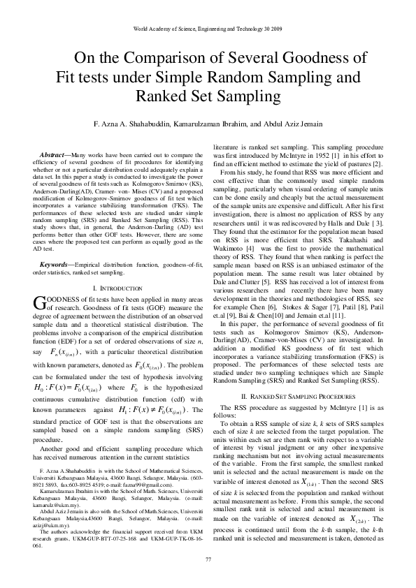 Pdf On The Comparison Of Several Goodness Of Fit Tests Under Simple Random Sampling And Ranked