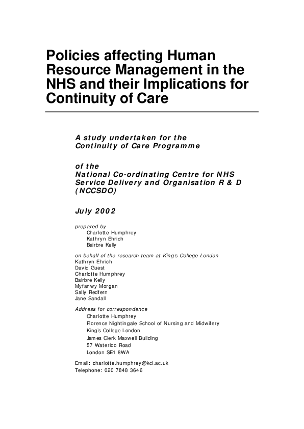 (PDF) Policies affecting human resource management in the NHS and their ...