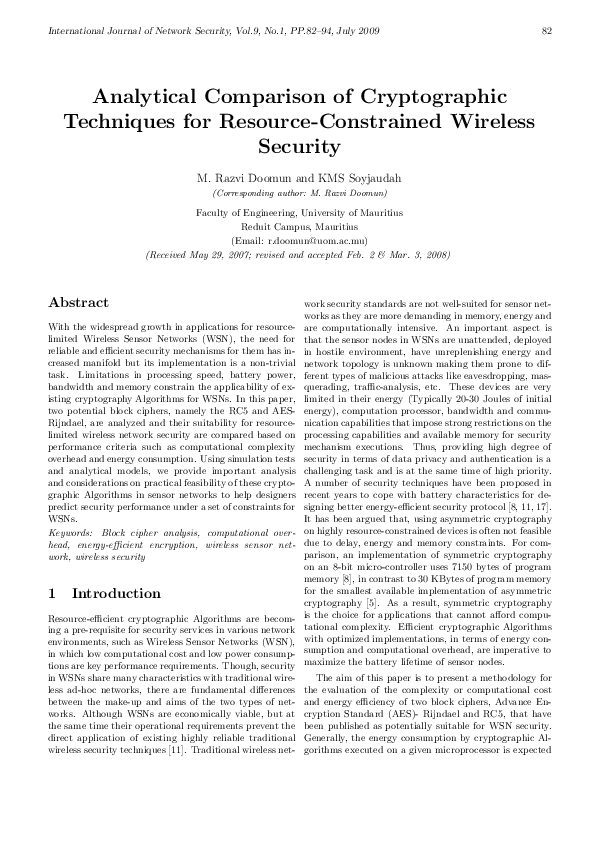Pdf Analytical Comparison Of Cryptographic Techniques For Resource Constrained Wireless Security