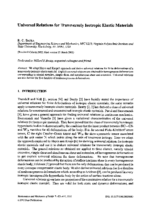 (PDF) Universal relations for transversely isotropic elastic materials