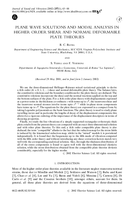 (PDF) Plane wave solutions and modal analysis in higher order shear and ...