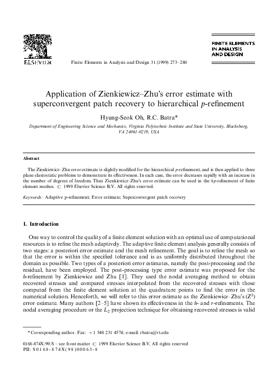 Pdf Application Of Zienkiewicz Zhus Error Estimate With Superconvergent Patch Recovery To