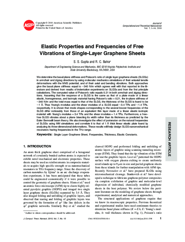 (PDF) Elastic properties and frequencies of free vibrations of single-layer graphene sheets