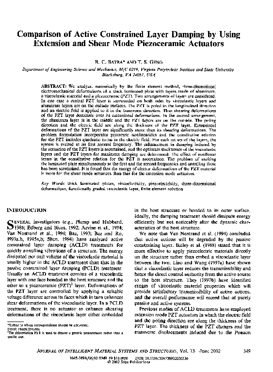 (PDF) Comparison of active constrained layer damping by using extension and shear mode ...