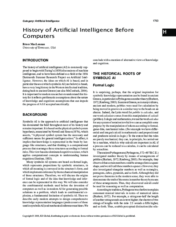 (PDF) History of Artificial Intelligence Before Computers