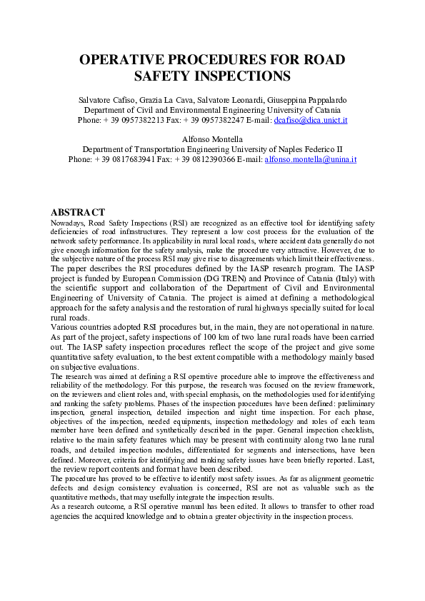 (PDF) Operative procedures for road safety inspections