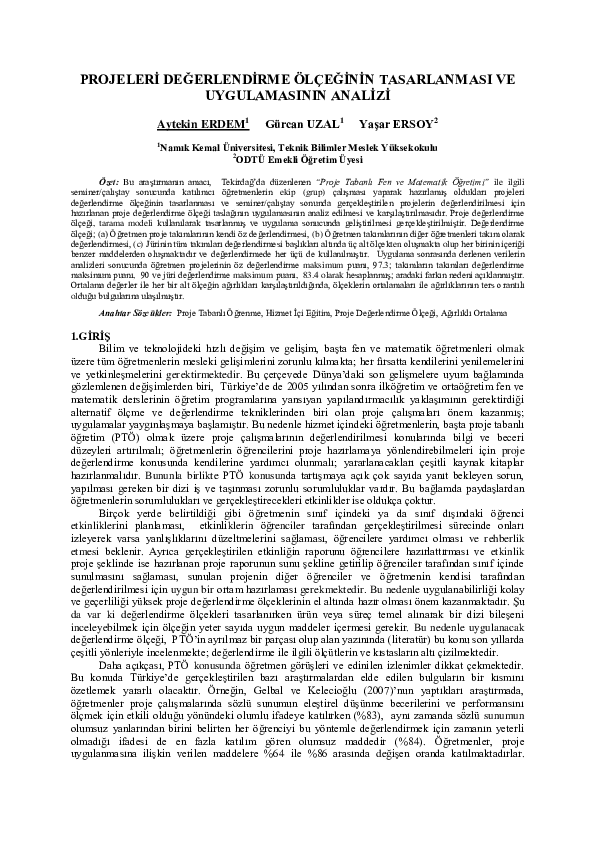 (PDF) PROJELERİ DEĞERLENDİRME ÖLÇEĞİNİN TASARLANMASI VE UYGULAMASININ ...