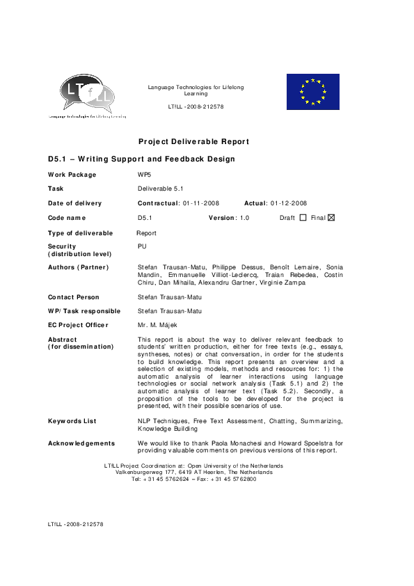 (PDF) Project Deliverable Report D5.1 - Writing Support and Feedback Design