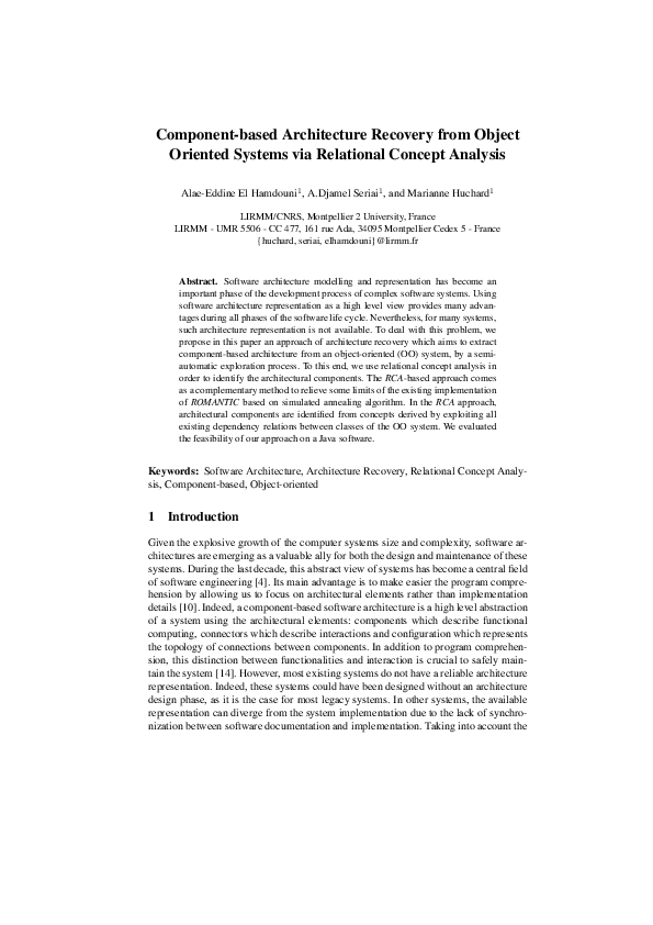 Pdf Alae Eddine Component Based Architecture Recovery From Object Oriented Systems Via