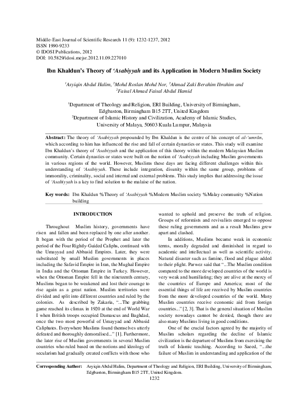 (PDF) Ibn Khaldun’s Theory of ‘Asabiyyah and its Application in Modern ...