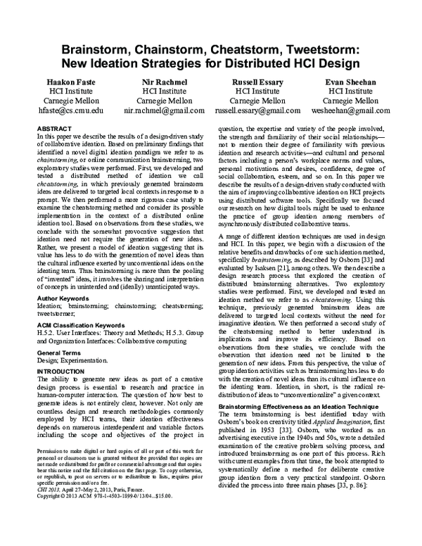 (PDF) Brainstorm, Chainstorm, Cheatstorm, Tweetstorm: New Ideation ...