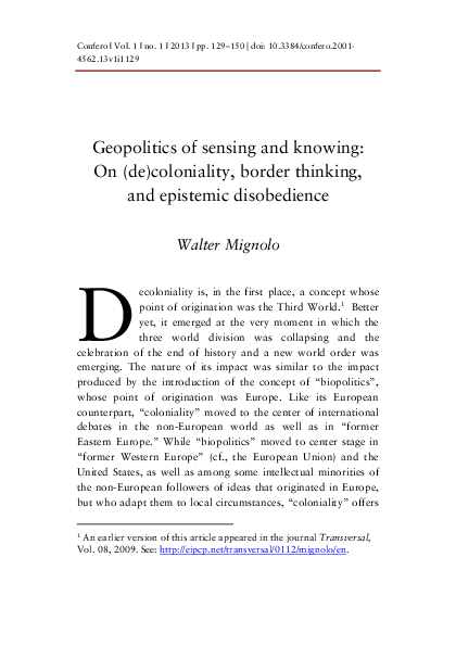 Geopolitics of sensing and knowing: On (de)coloniality, border thinking ...