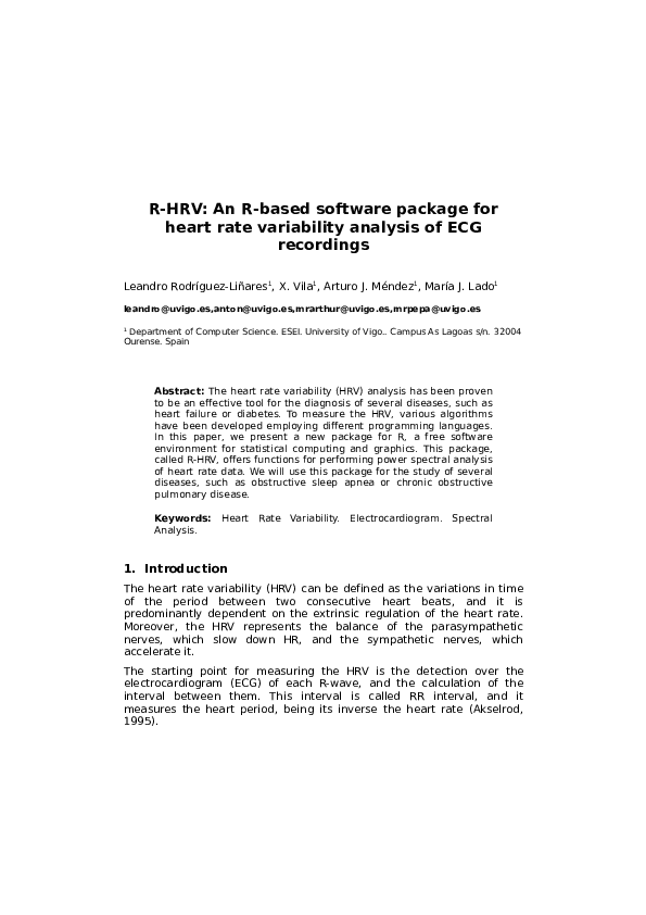 (PDF) R-HRV: An R-based software package for heart rate variability analysis of ECG recordings