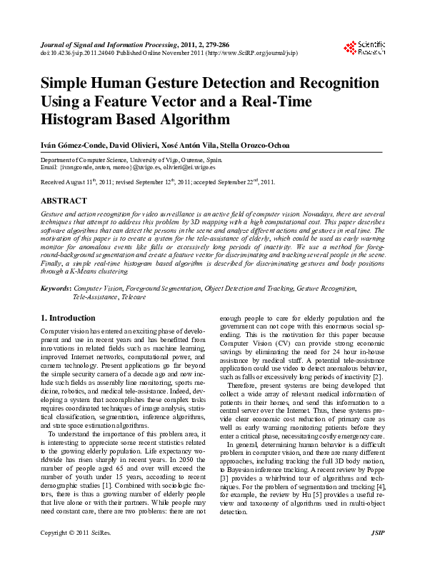 Pdf Simple Human Gesture Detection And Recognition Using A Feature Vector And A Real Time