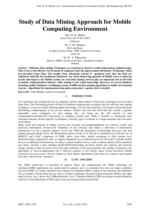 (PDF) Study of Data Mining Approach for Mobile Computing Environment