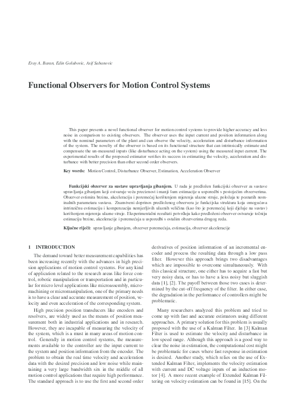 Pdf Functional Observers For Motion Control Systems